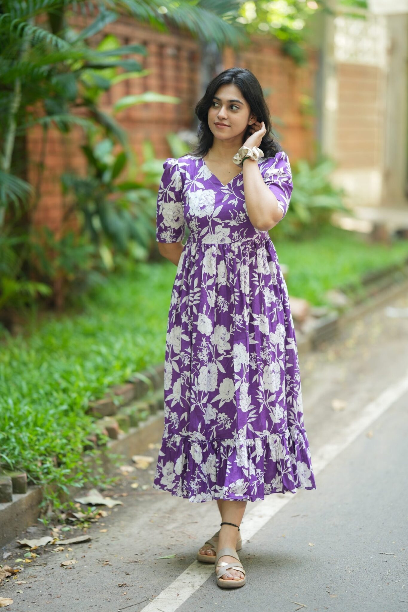 Floral Violet V Neck Gown - Girly Colours