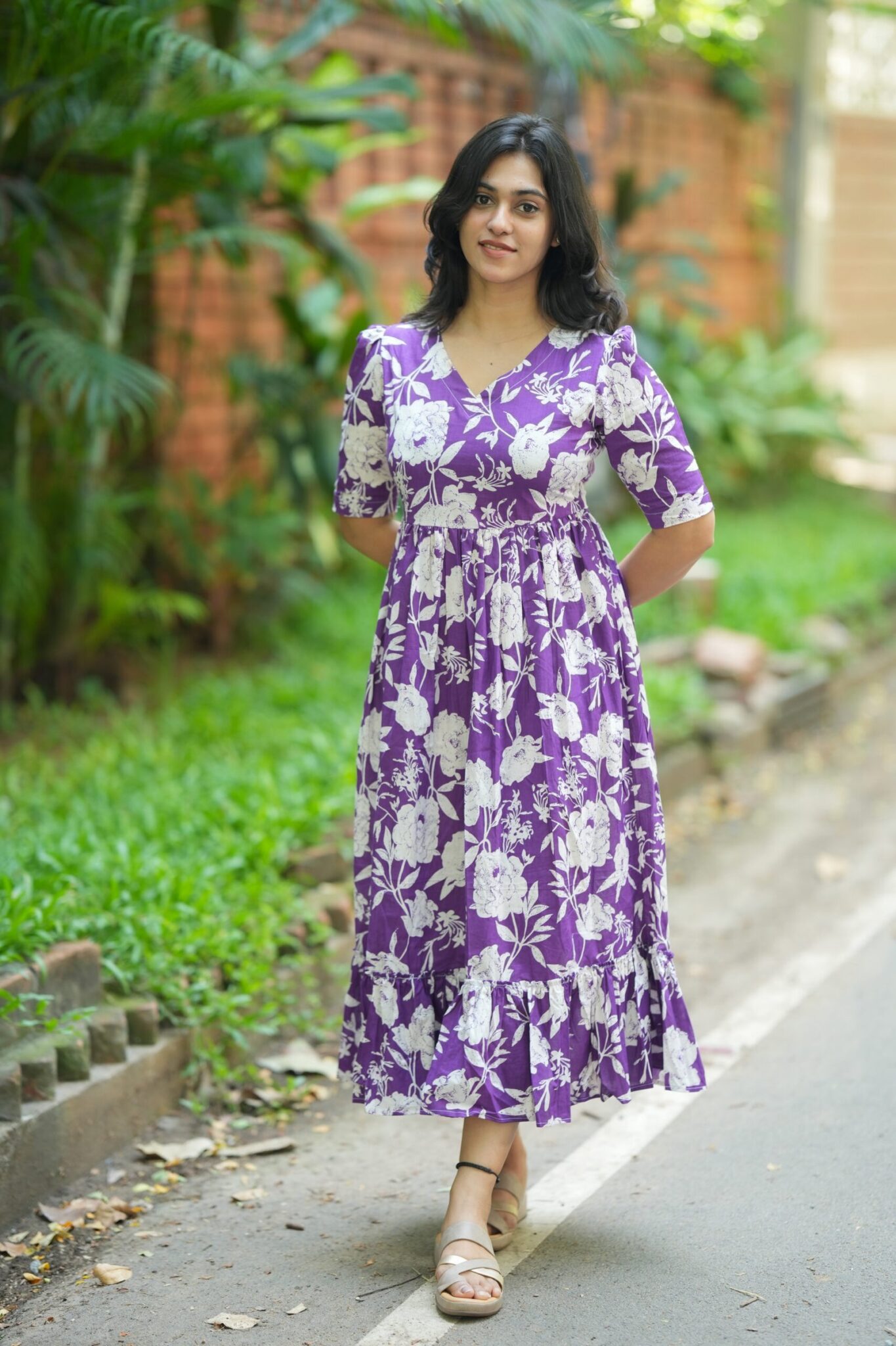 Floral Violet V Neck Gown - Girly Colours