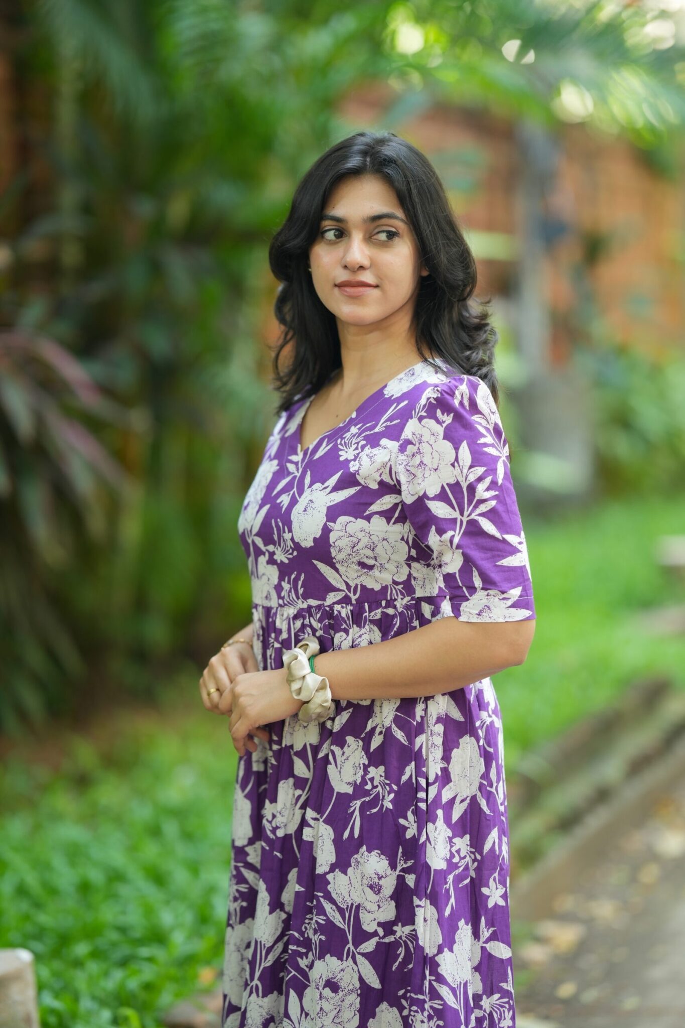 Floral Violet V Neck Gown - Girly Colours